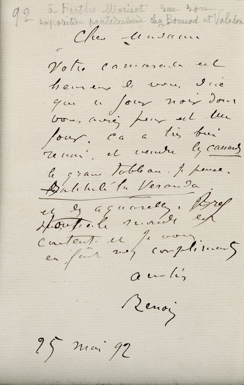 Letter from Renoir to Berthe Morisot Regarding Her First Exhibition ...