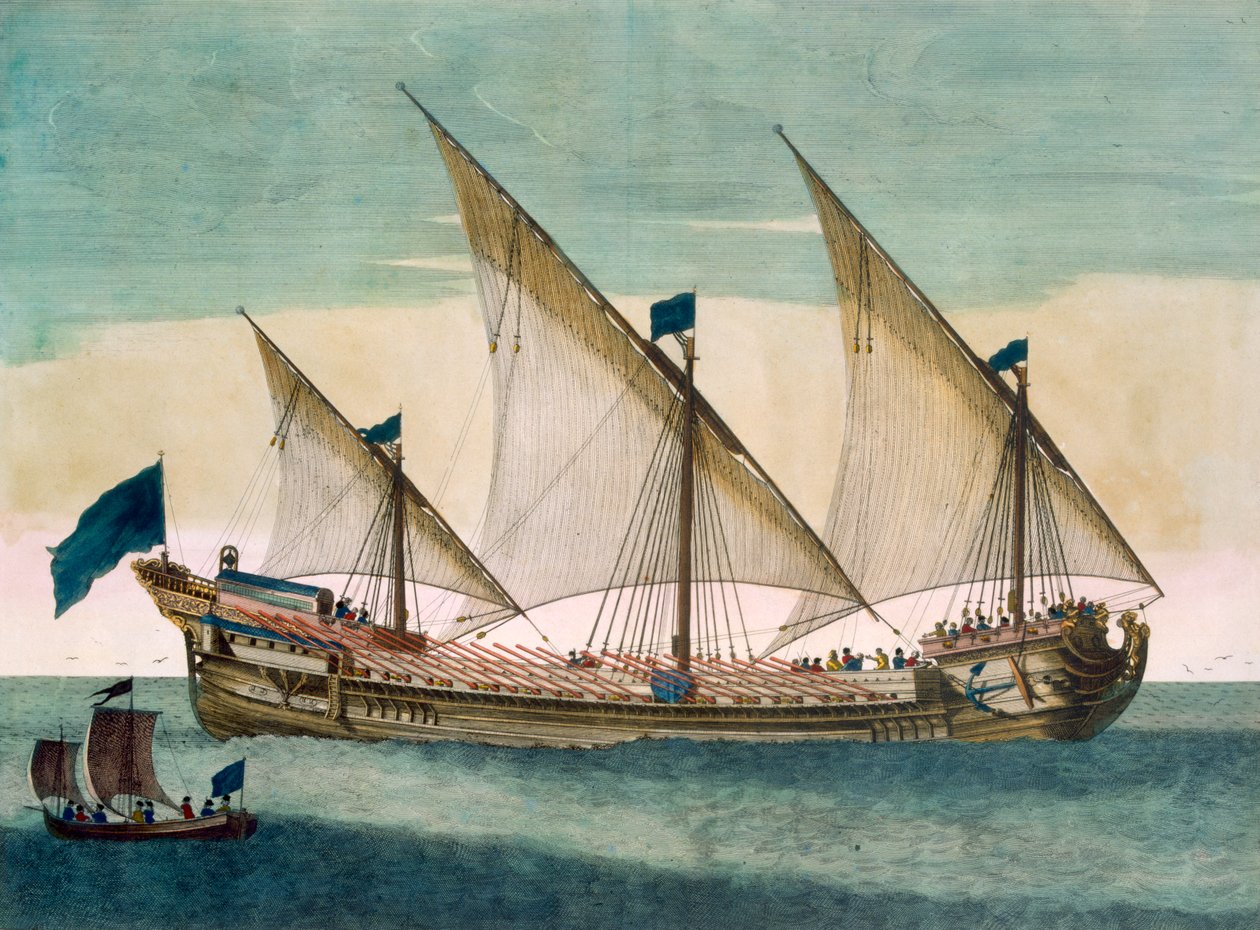 A three-masted Galleass under way by sail, oars shipped, from 'Le ...