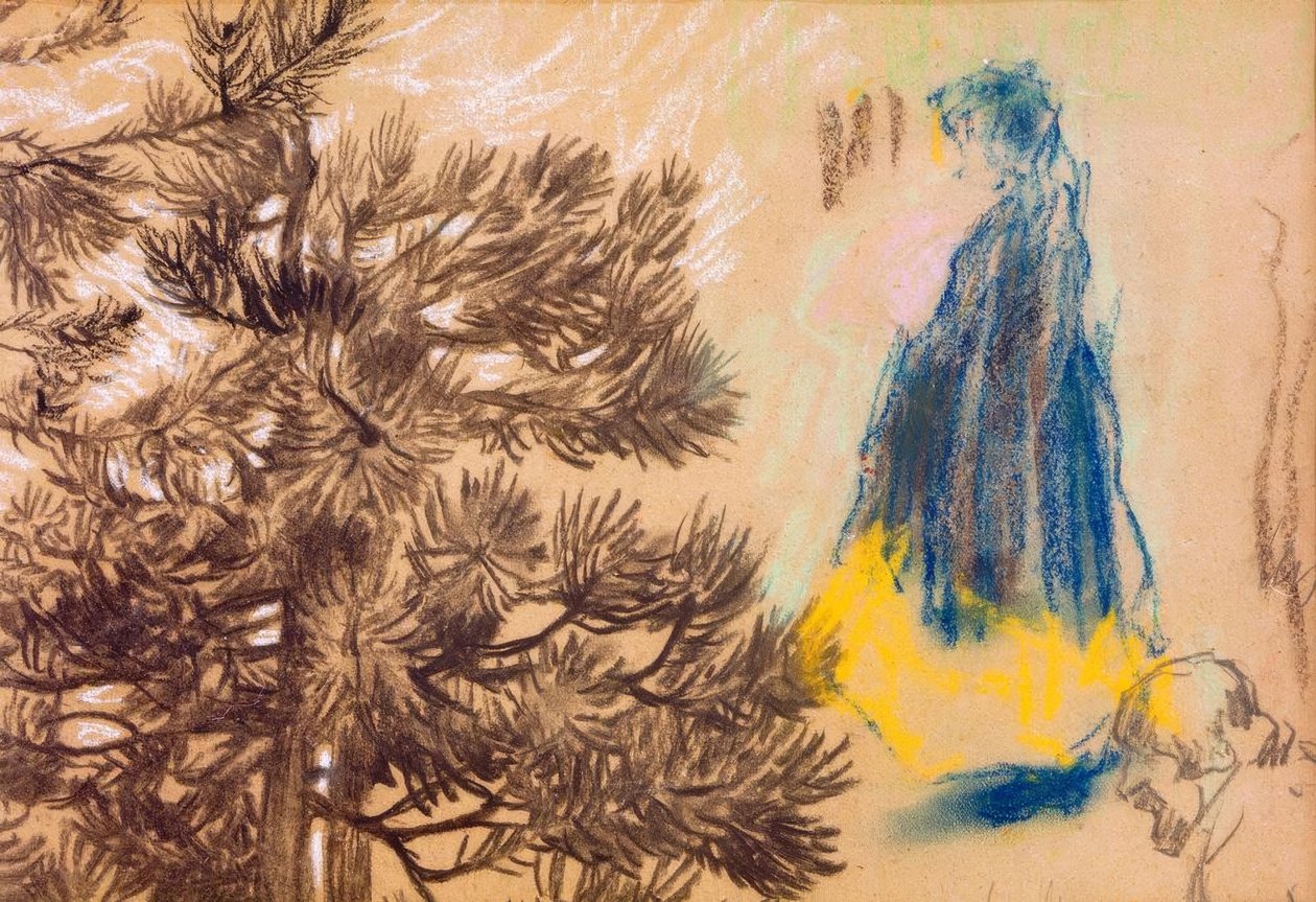 Study Sheet: Pine Tree, Girl in Hooded Coat, Portrait of a Man
