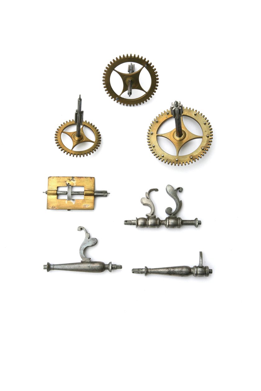 The striking train of wheels, from a table clock