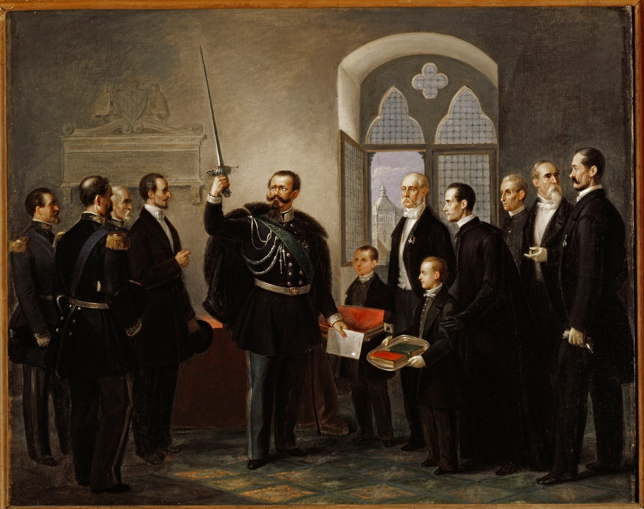 Vittorio Emanuele II of Savoy, in Pistoia, brandishing the sword of the ...