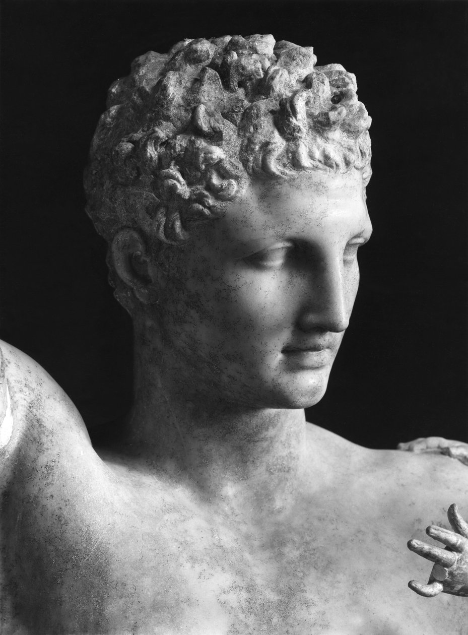 Detail of the statue of Hermes and the Infant Dionysus, c.330 BC, head ...