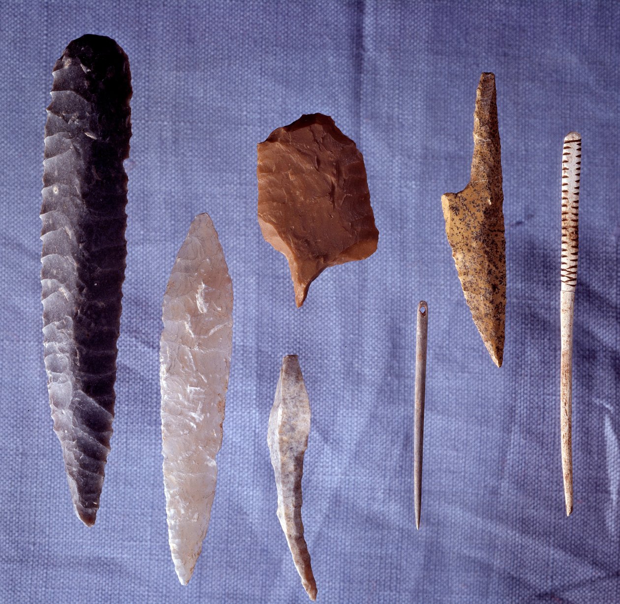 Prehistoric Tools: Flint, Knife, Arrow Tip and Needle