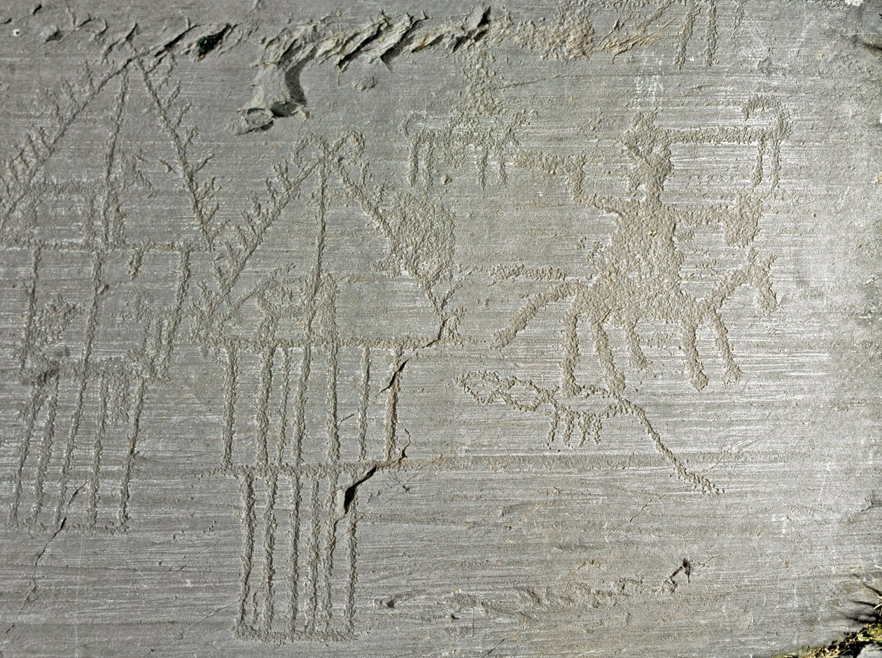 Rock art: grave rock of scenes of everyday life in a village (Neolithic ...