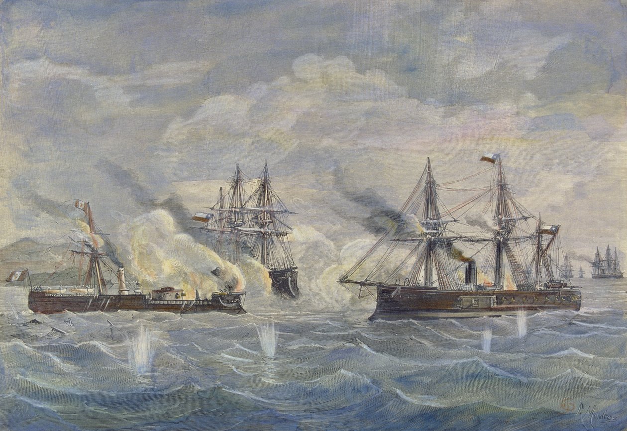 Naval Combat between the Peruvian Ship 'Huascar' against the Chilean ...