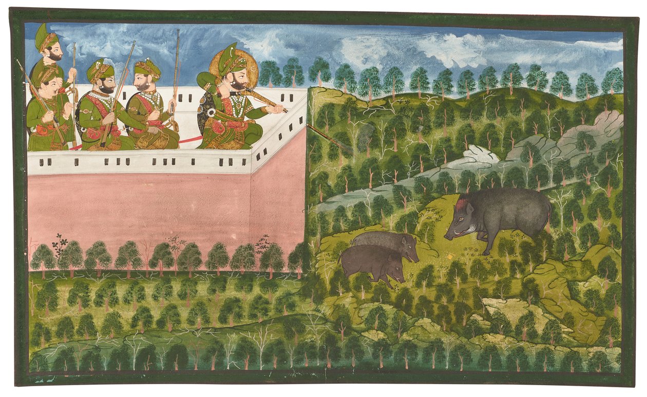 A painting of Maharana Jawan Singh hunting wild boar