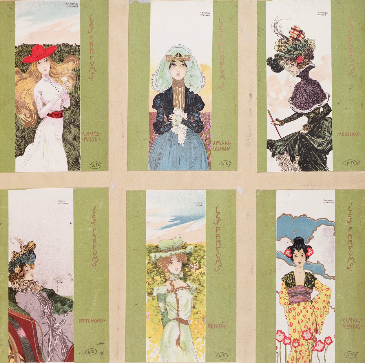 Selection of postcards with allegorical representations of perfumes