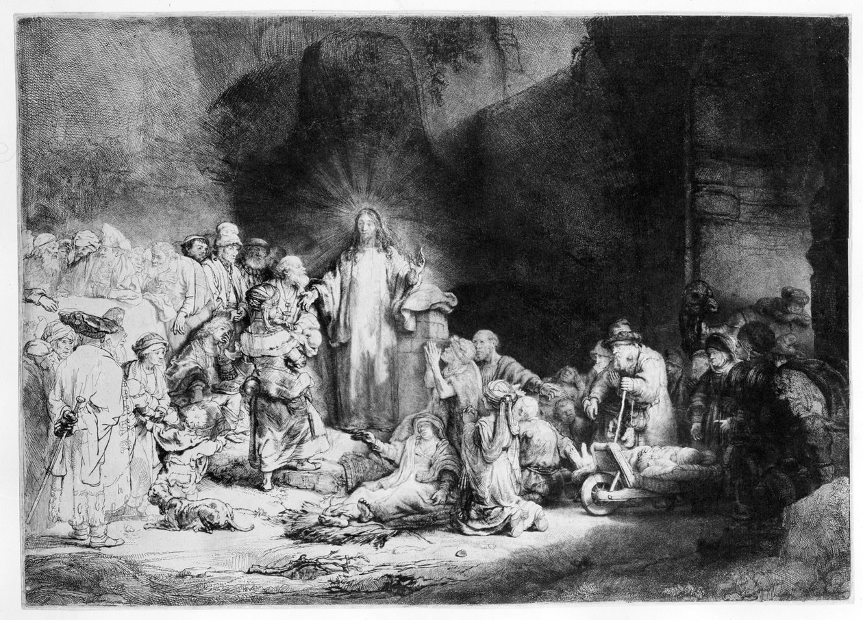 Christ preaching in a rocky landscape by Rembrandt van Rijn