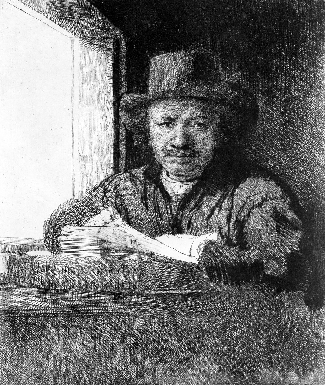 Self portrait while drawing by Rembrandt van Rijn