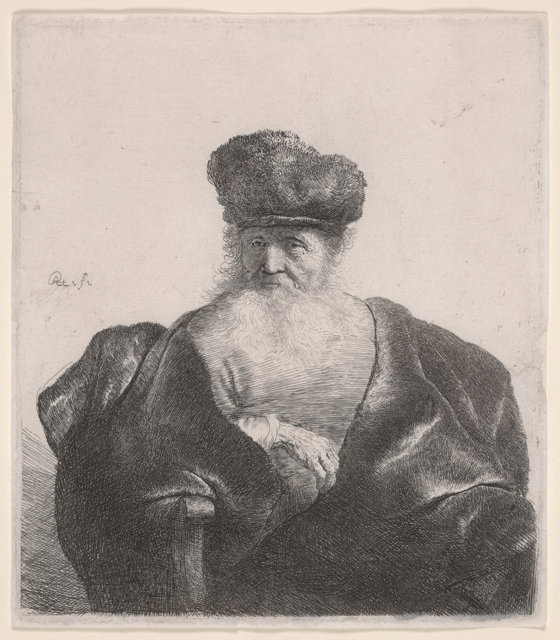 Old Man with Flowing Beard, Fur Cap and Velvet Cloak (etching)
