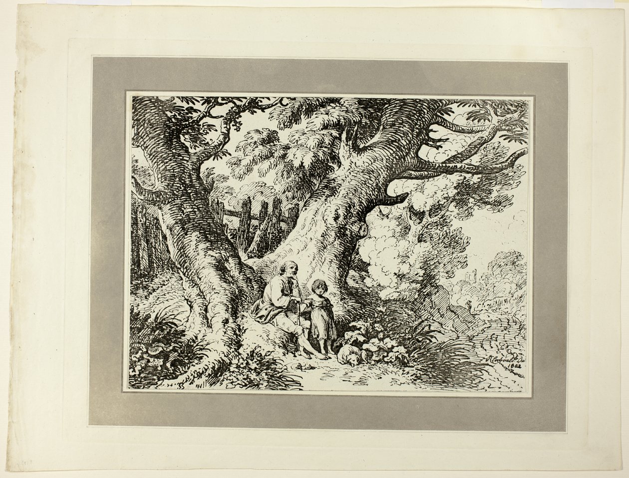Old Trees with Old Man, a Girl, and a Dog