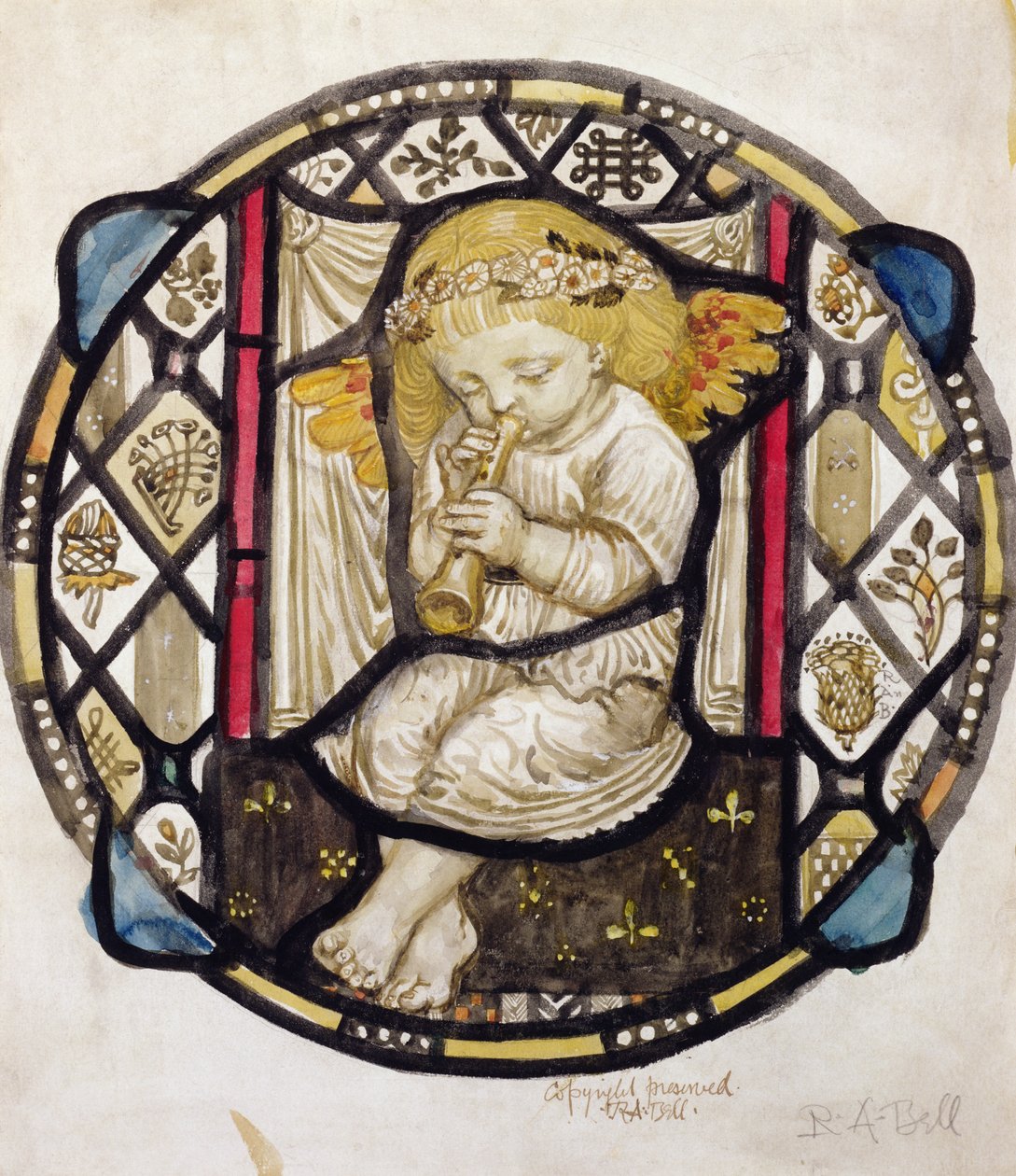 Stained Glass Design of Putto Playing the Flute