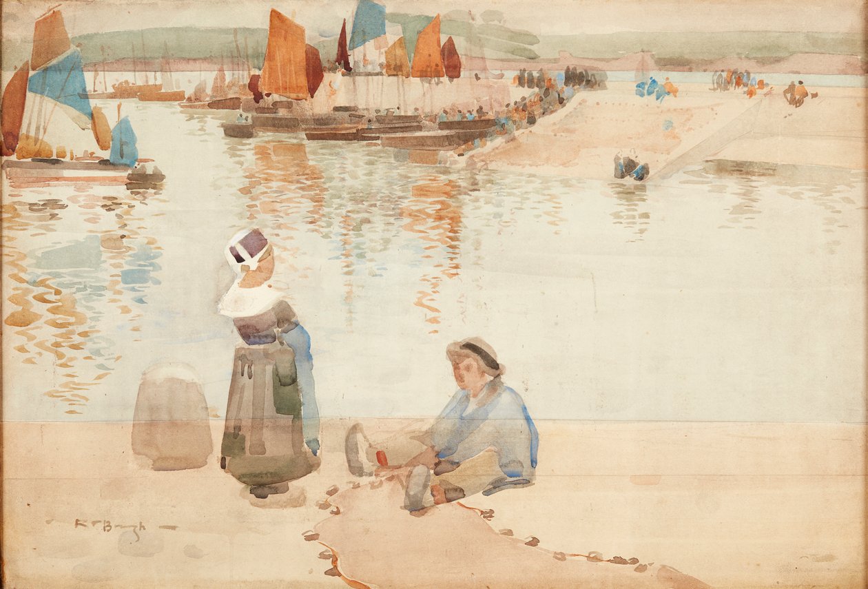 Figures on the Harbour Wall, Brittany by Robert Brough