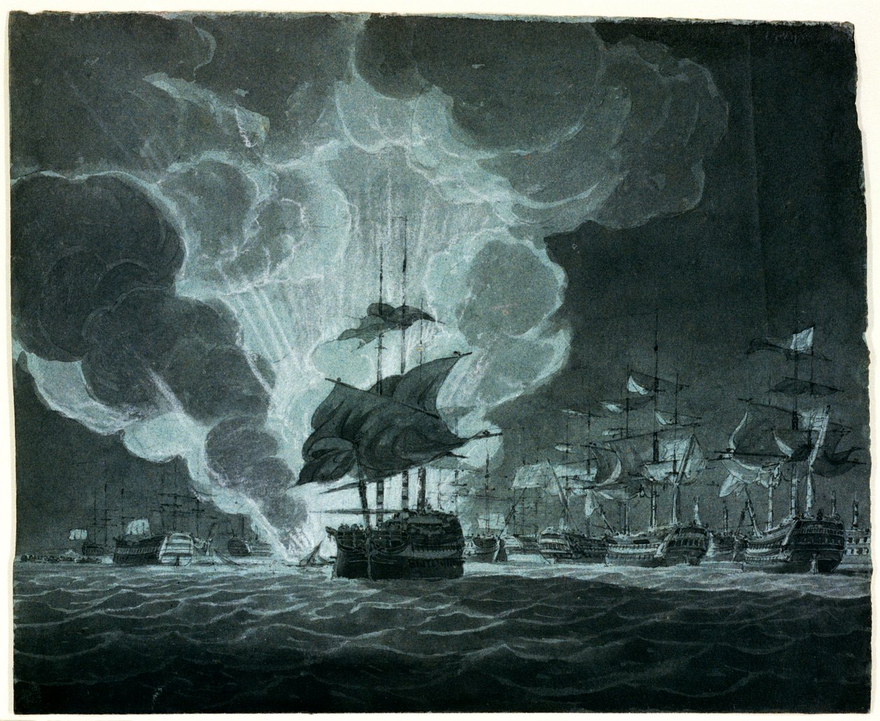 Fleet with a Ship on Fire by Robert Cleveley: Fine art print