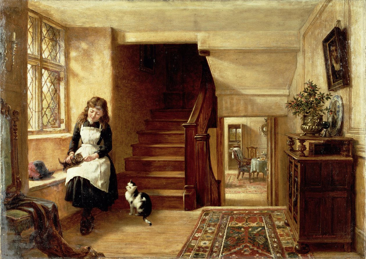 An Interior with a Girl Playing with Cats