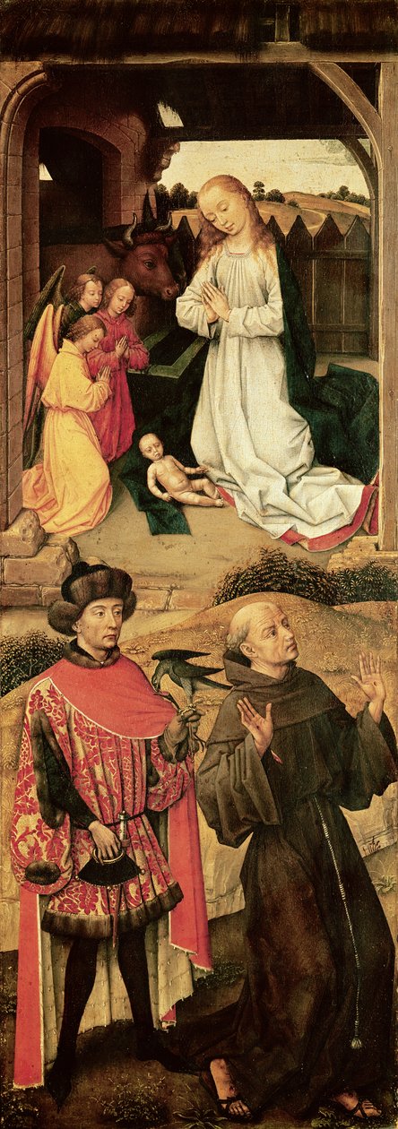 Triptych of the Calvary (left panel, the Nativity in the upper section ...