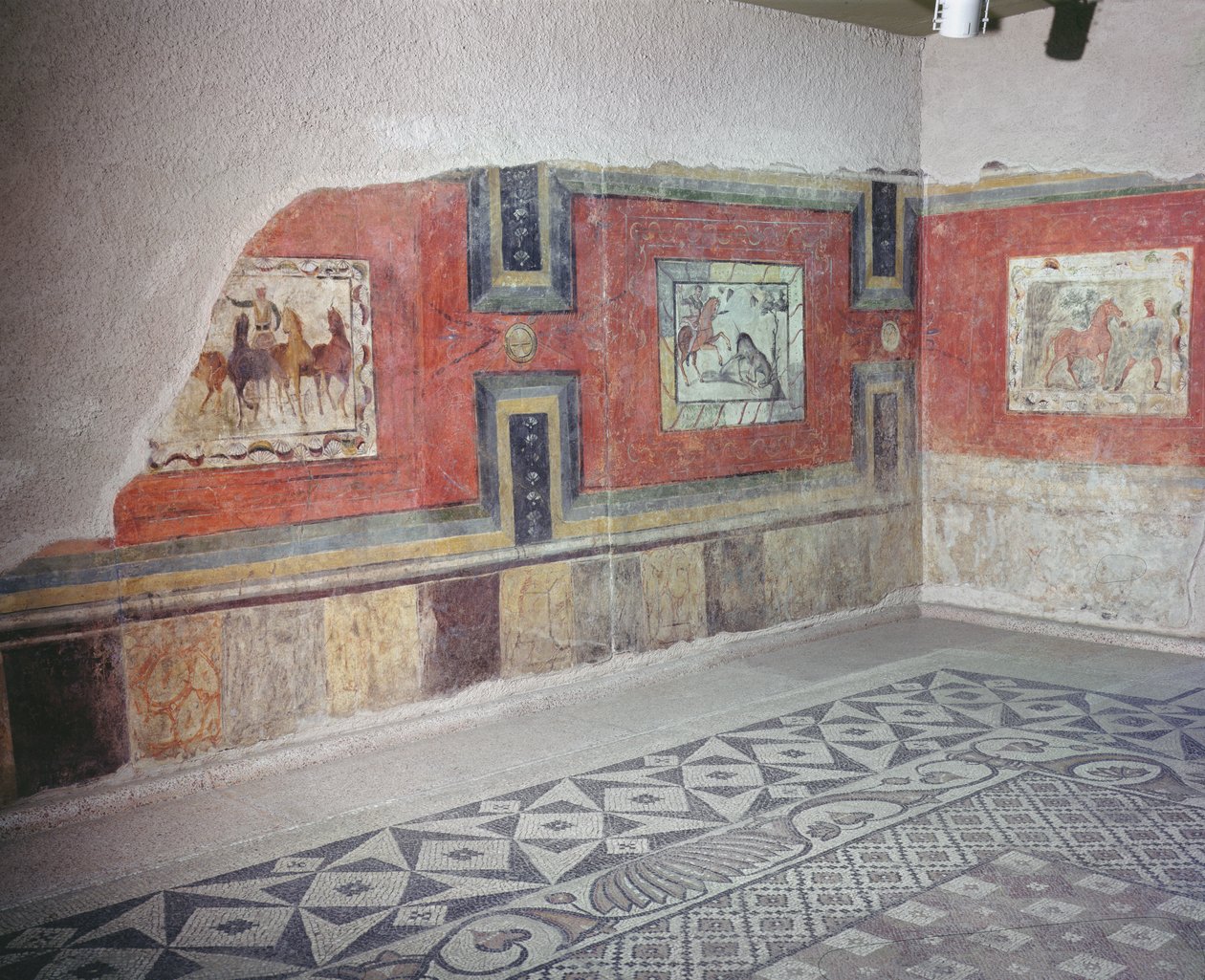 A recreation of the interior of a Roman house, with mosaic floors and ...
