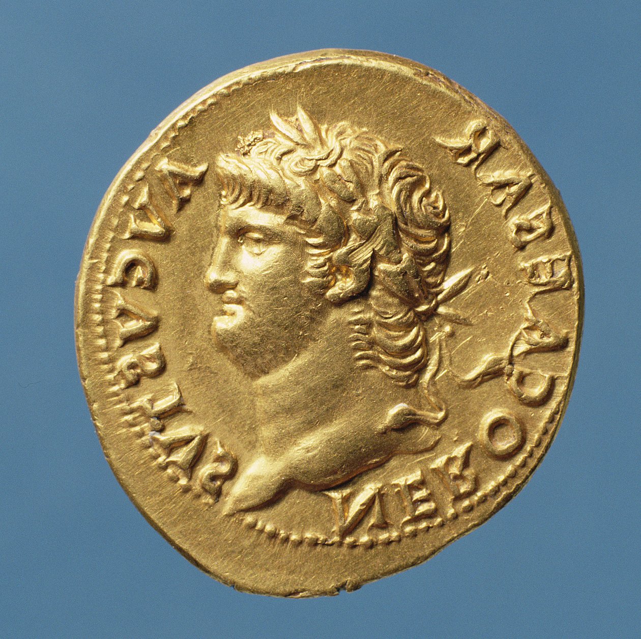 Aureus (obverse) of Nero wearing a laurel wreath. Inscription: NERO ...