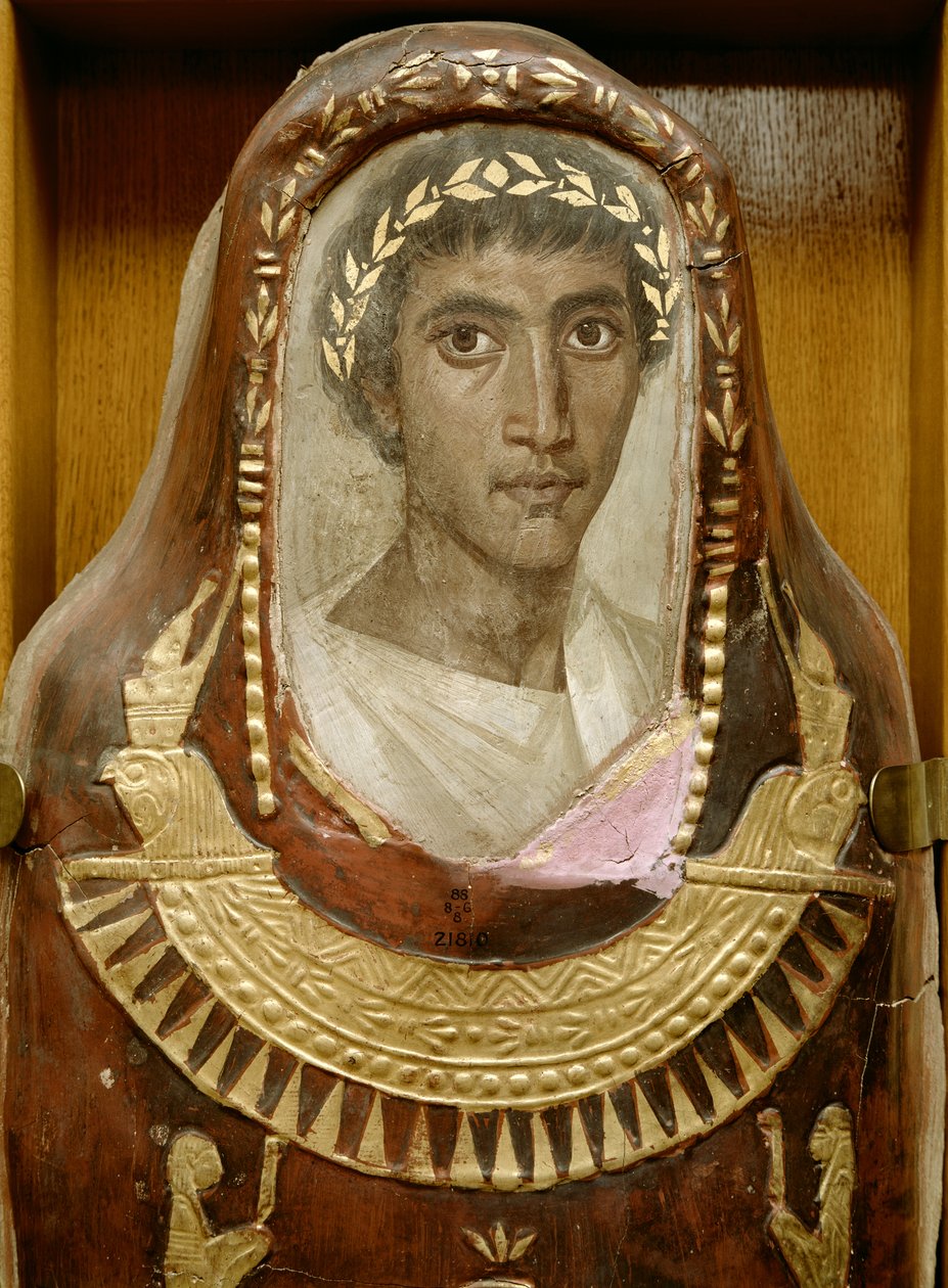 Painted and gilded mummy case of Artemidorus with encaustic portrait in ...