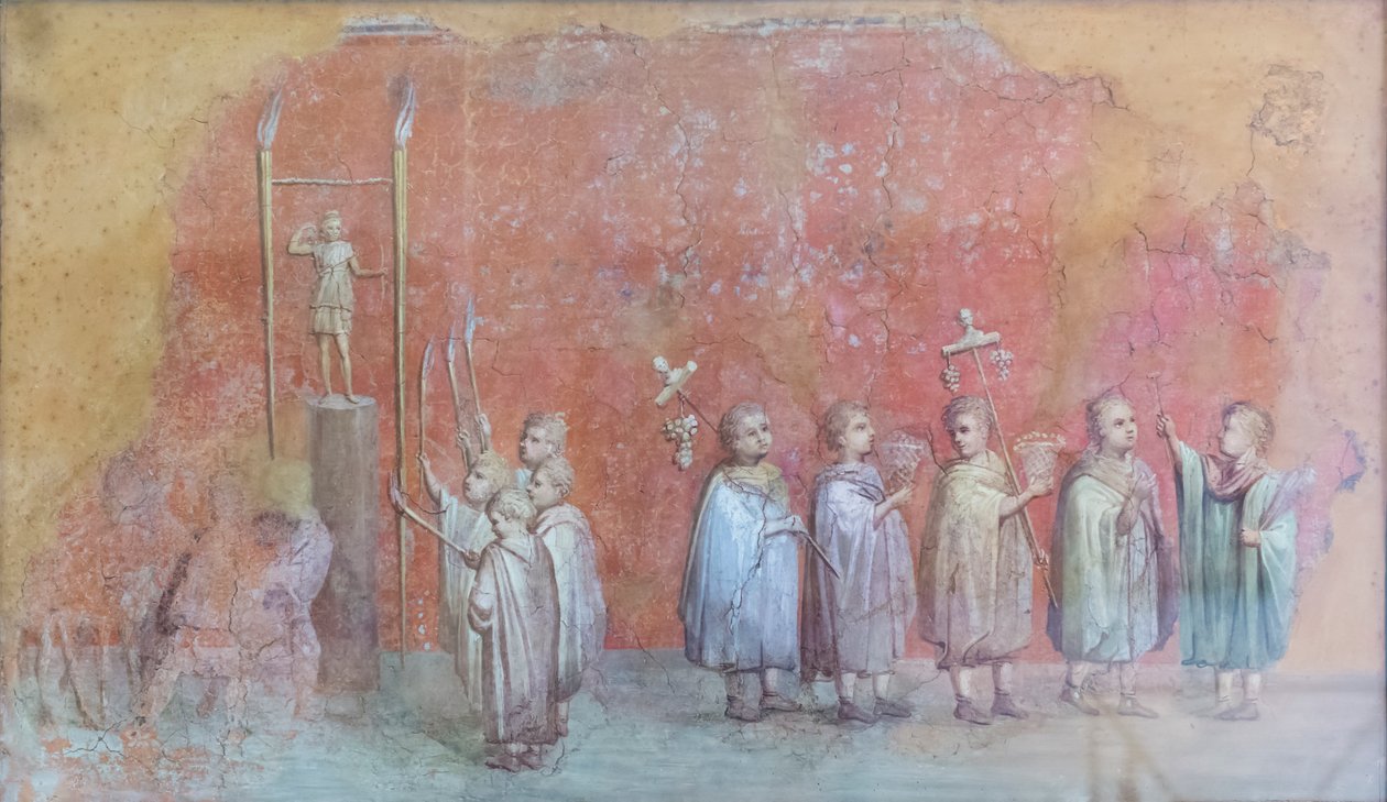 Fresco fragment of a calendar depicting children in a procession ...