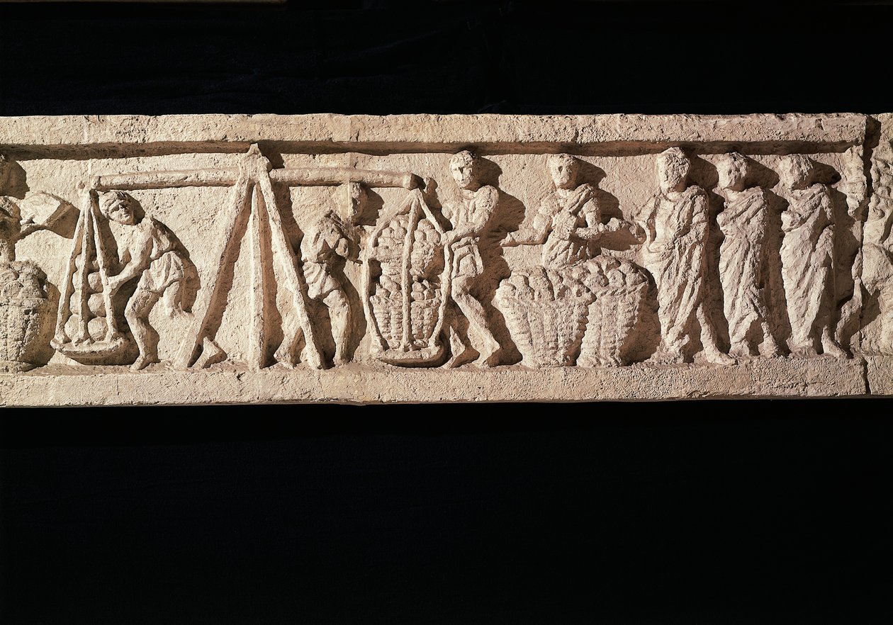 Relief portraying the stacking of loaves in baskets and taking them for ...