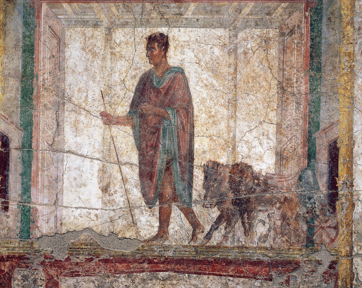 Ancient Roman Fresco with Boar and Lion Yoked to Chariot