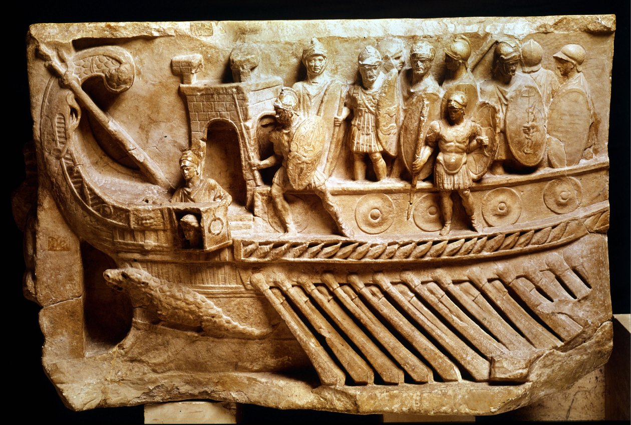 Low Roman relief depicting a bireme. A crocodile can be seen below the ...