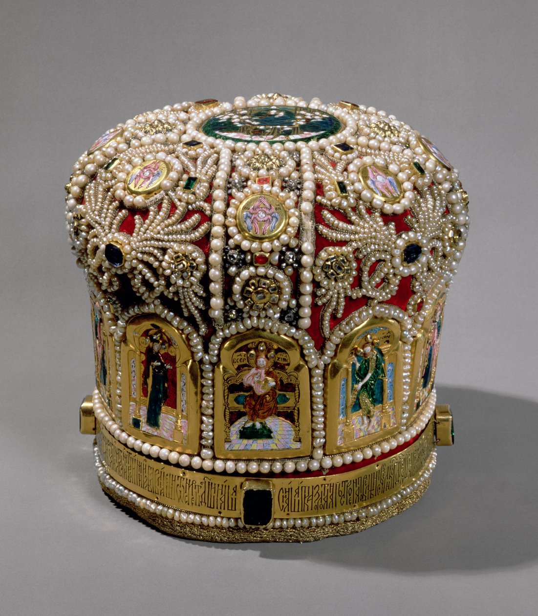 Mitre crown set with pearls and precious stones