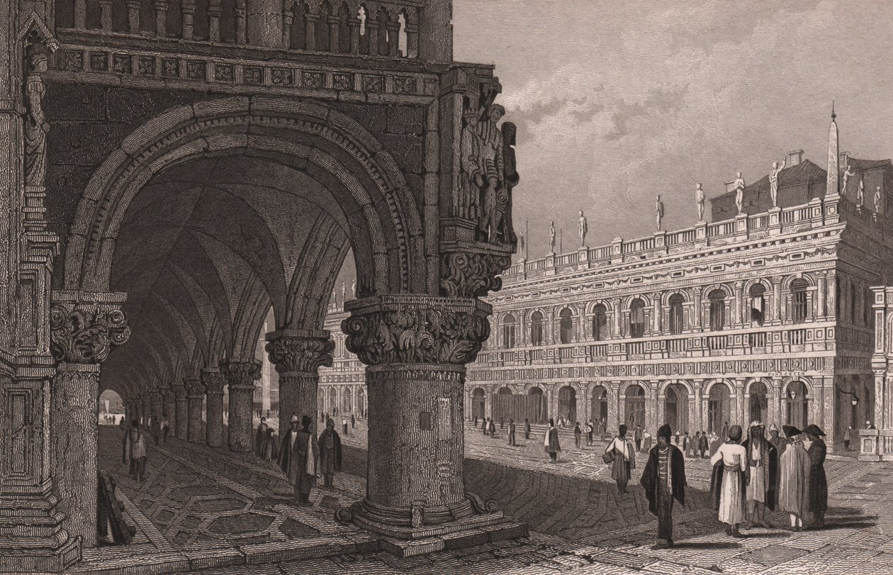 Foreshortening of arcade of Doge's Palace with view of St Mark's Square ...