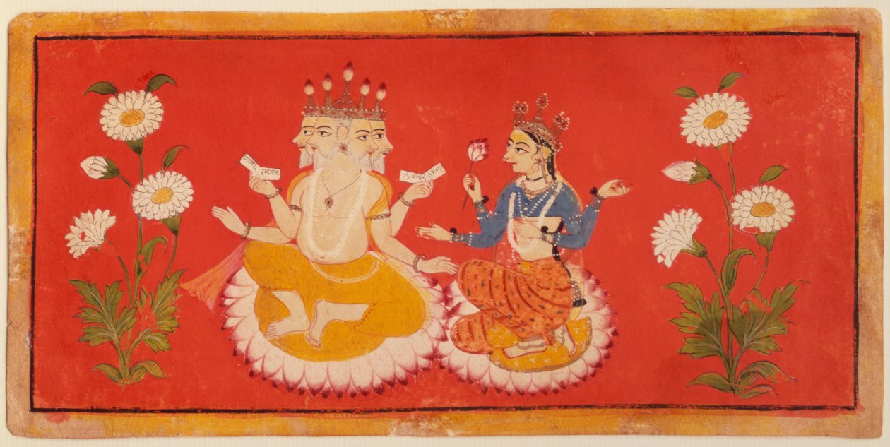 Brahma Seated with Saraswati Brahma Holding the Four Vedas and ...