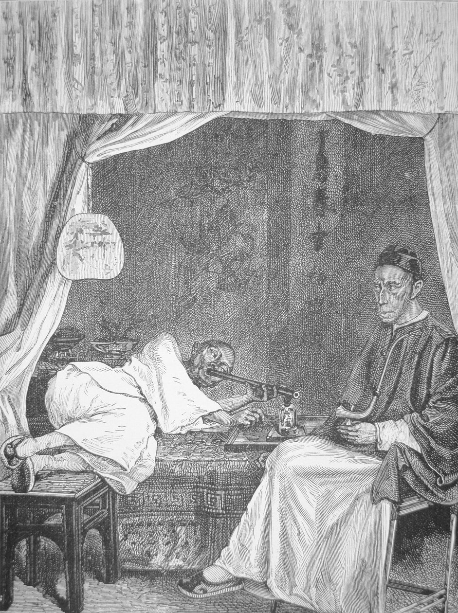 Chinese opium smokers, engraving from 1875 by School Chinese