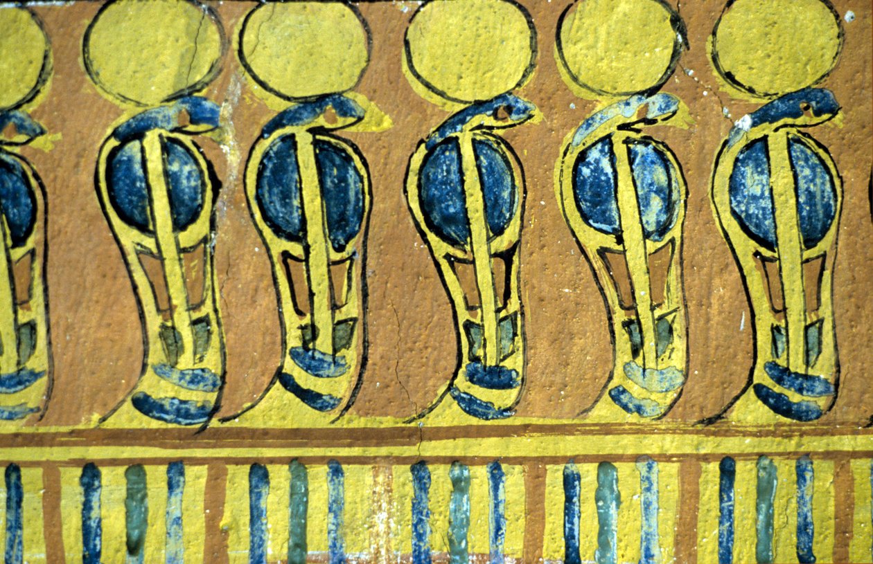 Ancient Egypt, Wall painting, Uraeus serpents guarding the shrine of ...