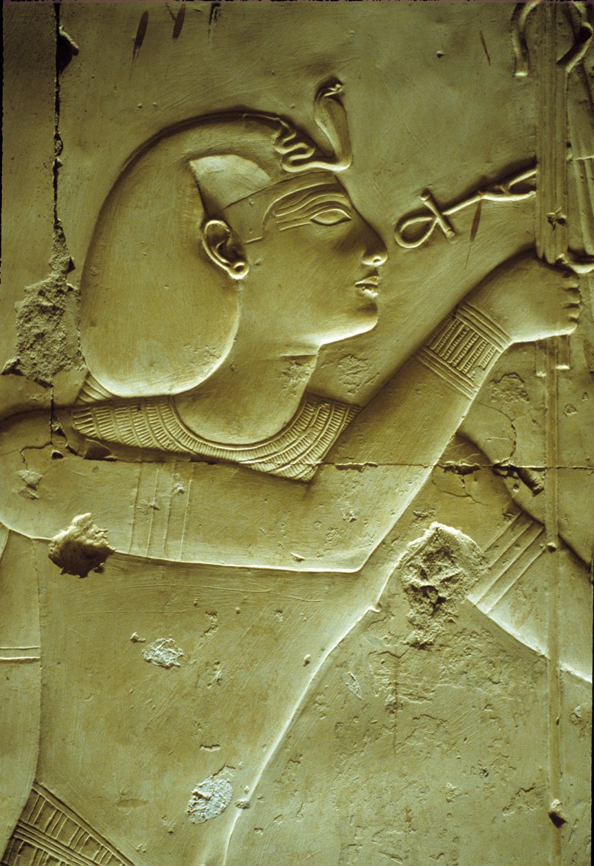 Ancient Egypt, Wall painting/carving, Seti I receiving life, symbolized ...