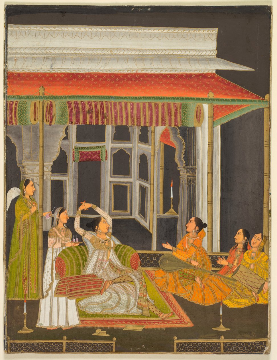 A Princess on a Terrace with Attendants at Night; Calligraphy, c. 1760