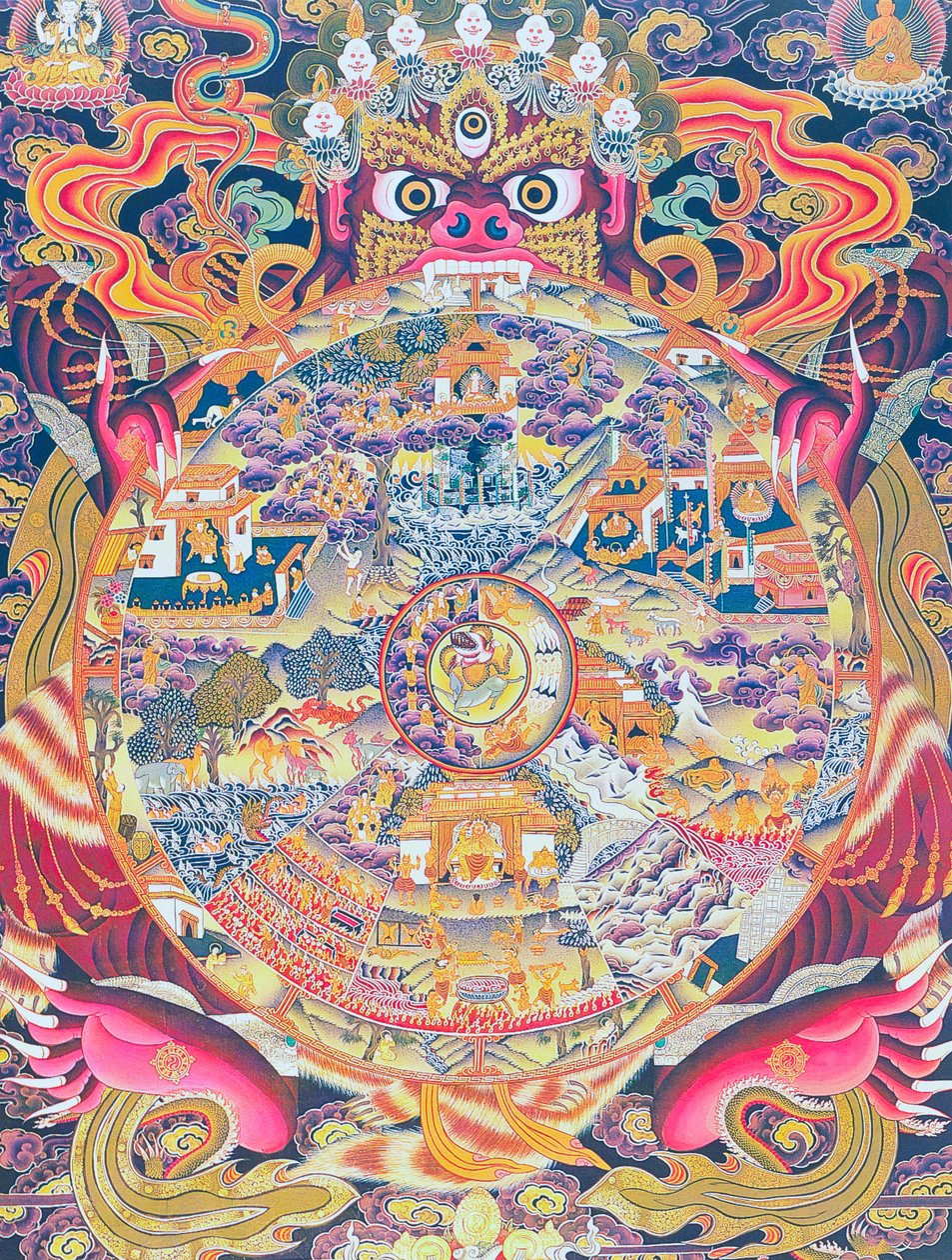 Wheel of life depicting the Kalachakra or deluded existence held in the ...