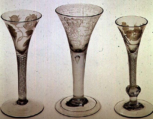 Jacobite glassware: left to right: wine glass with trumpet bowl, 1745 ...
