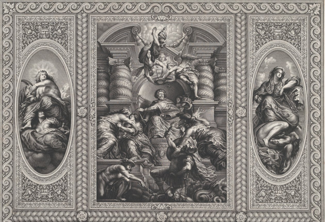 James I appointing Charles as King of Scotland at center, Minerva ...