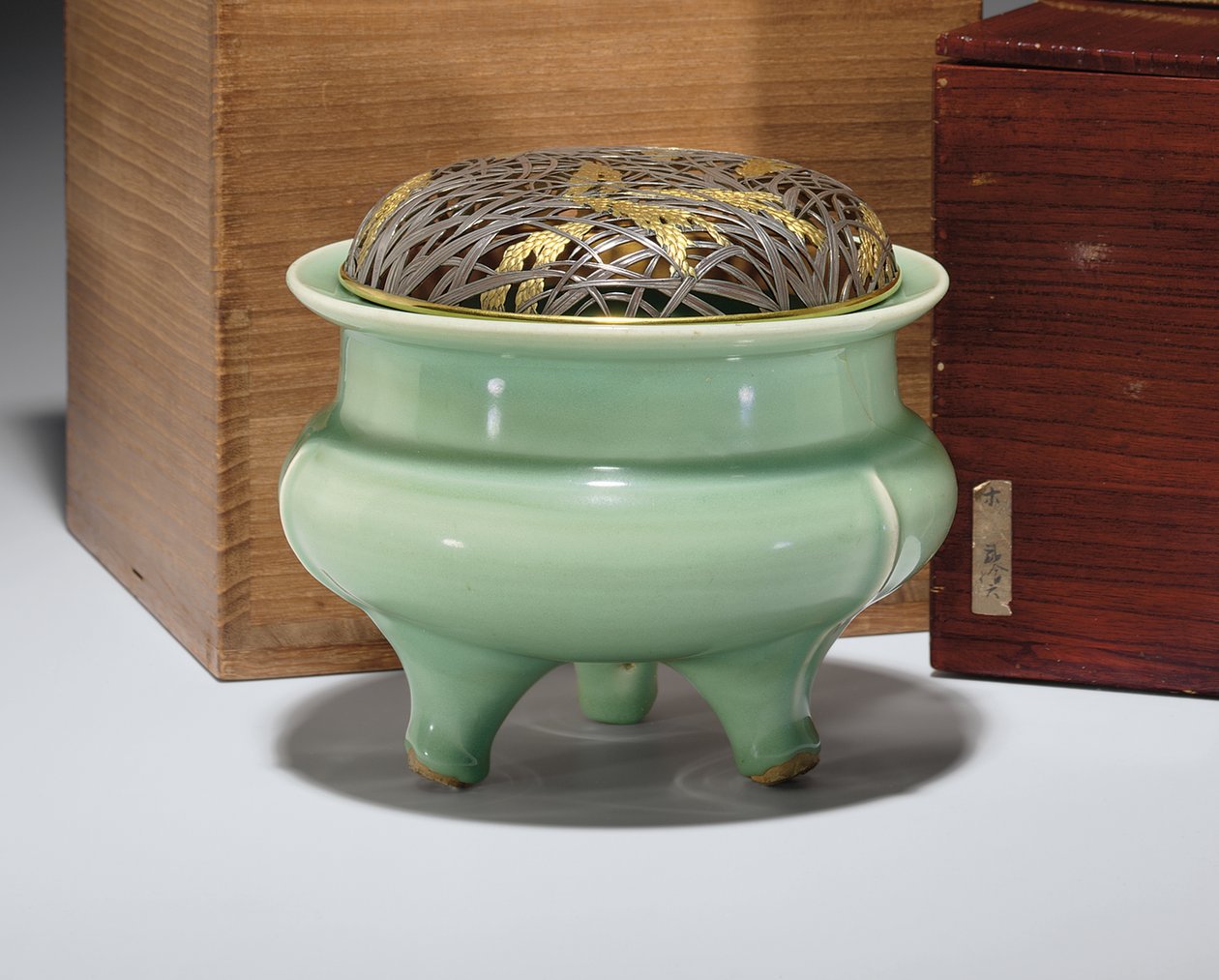 Large Longquan Celadon Tripod Censer with Japanese Parcel-Gilt Metal Cover