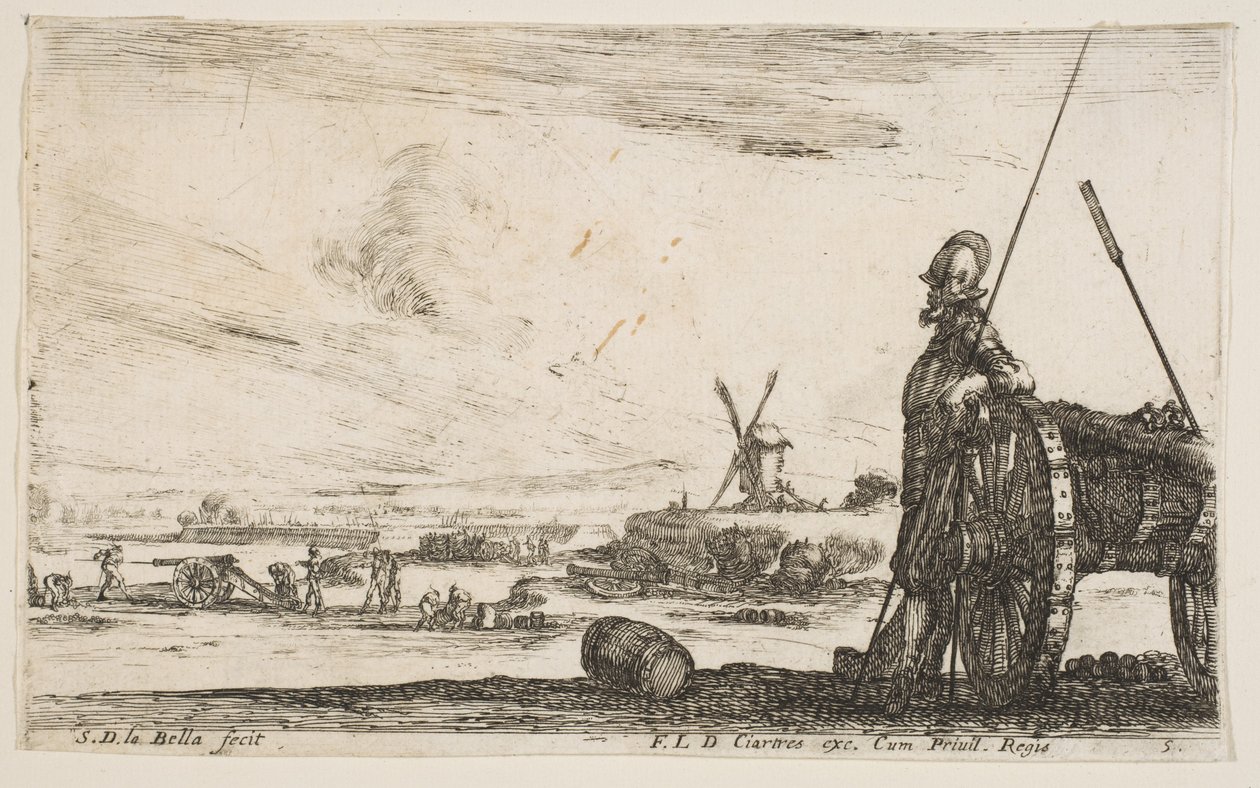 Plate 5: A Pikeman standing at right next to a cannon, other military ...