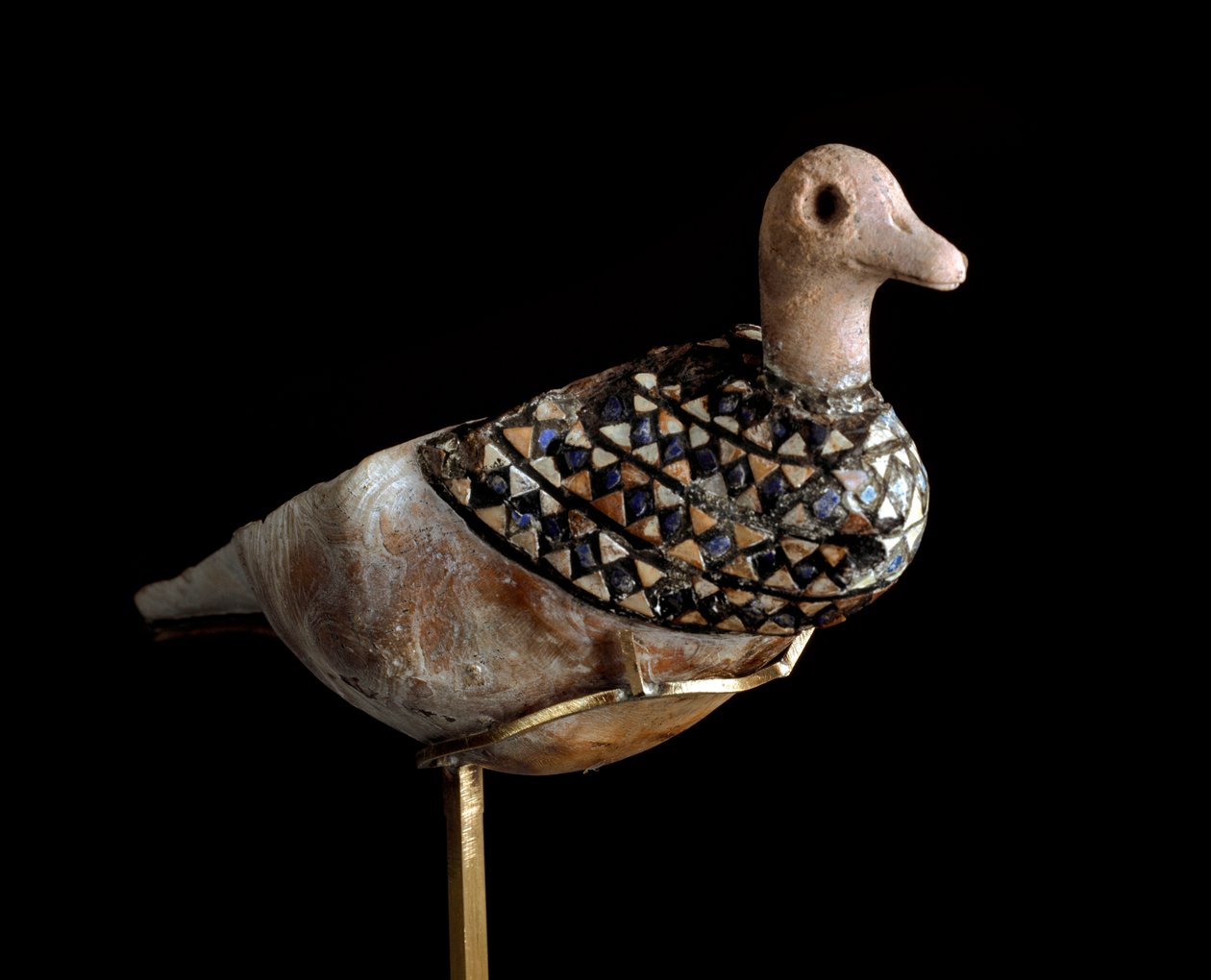 Duck shaped lamp made with a shell inlaid with lapis lazuli, red ...