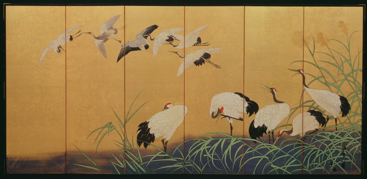 Six-Fold Screen Depicting Reeds and Cranes, Edo Period, Japanese