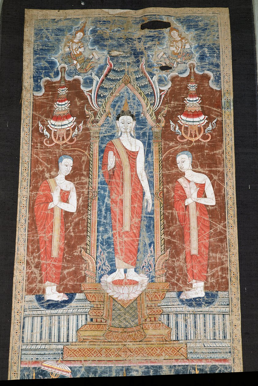 Banner depicting standing Buddha with two disciples, Ratanakosin Style