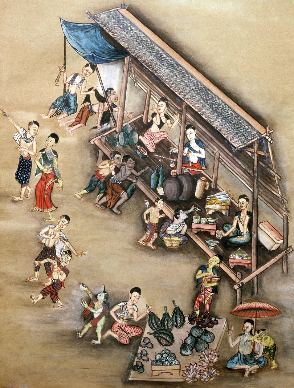 Folk Painting Depicting a Market Scene by Thai School