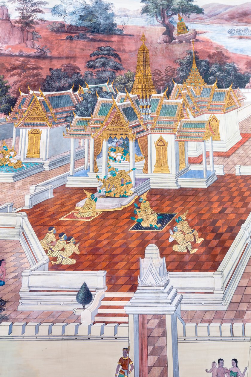 Mural depicting scenes from the Ramayana at Wat Phra Kaeo, the Royal ...