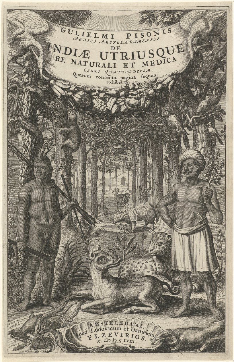 Two Men and Wild Animals in Front of a Forest