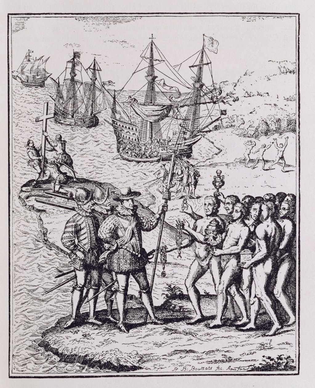Columbus at Hispaniola by Theodore de Bry: Fine art print