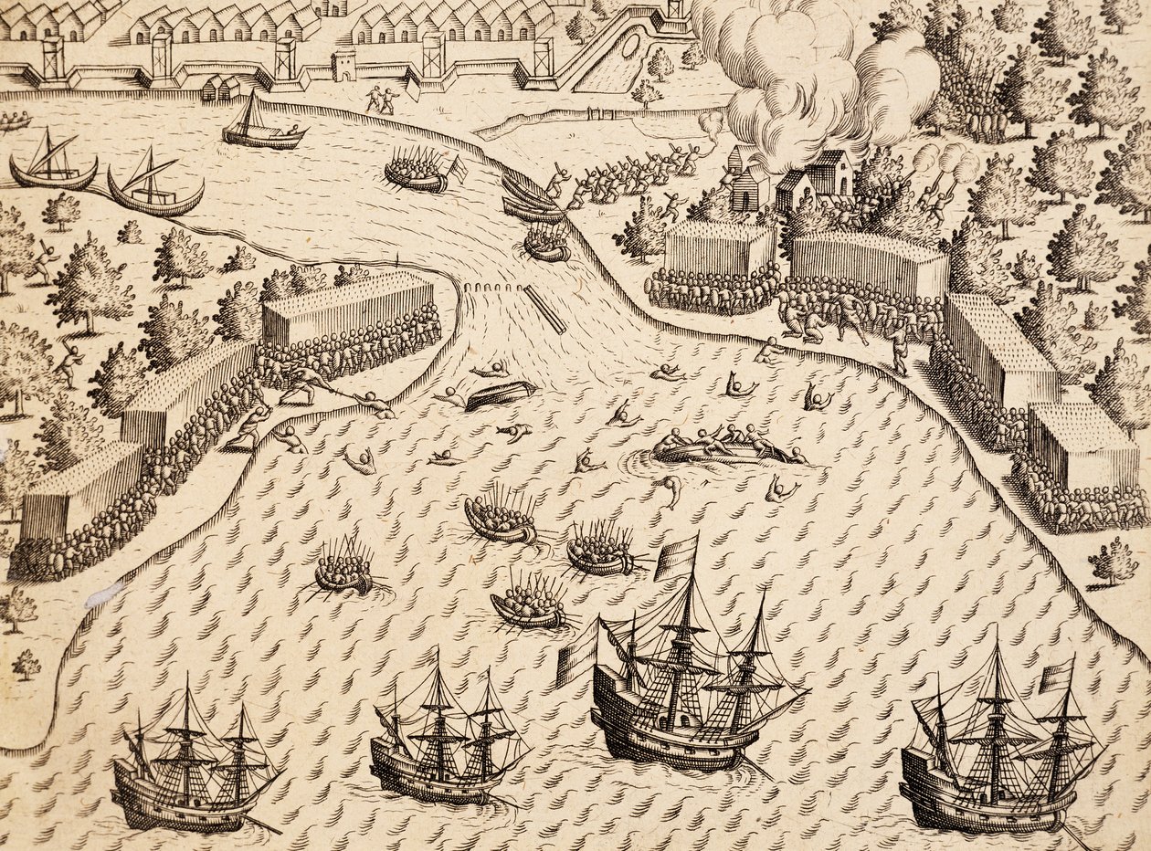 Dutch arriving at Madura Island, Java, engraving from work India ...