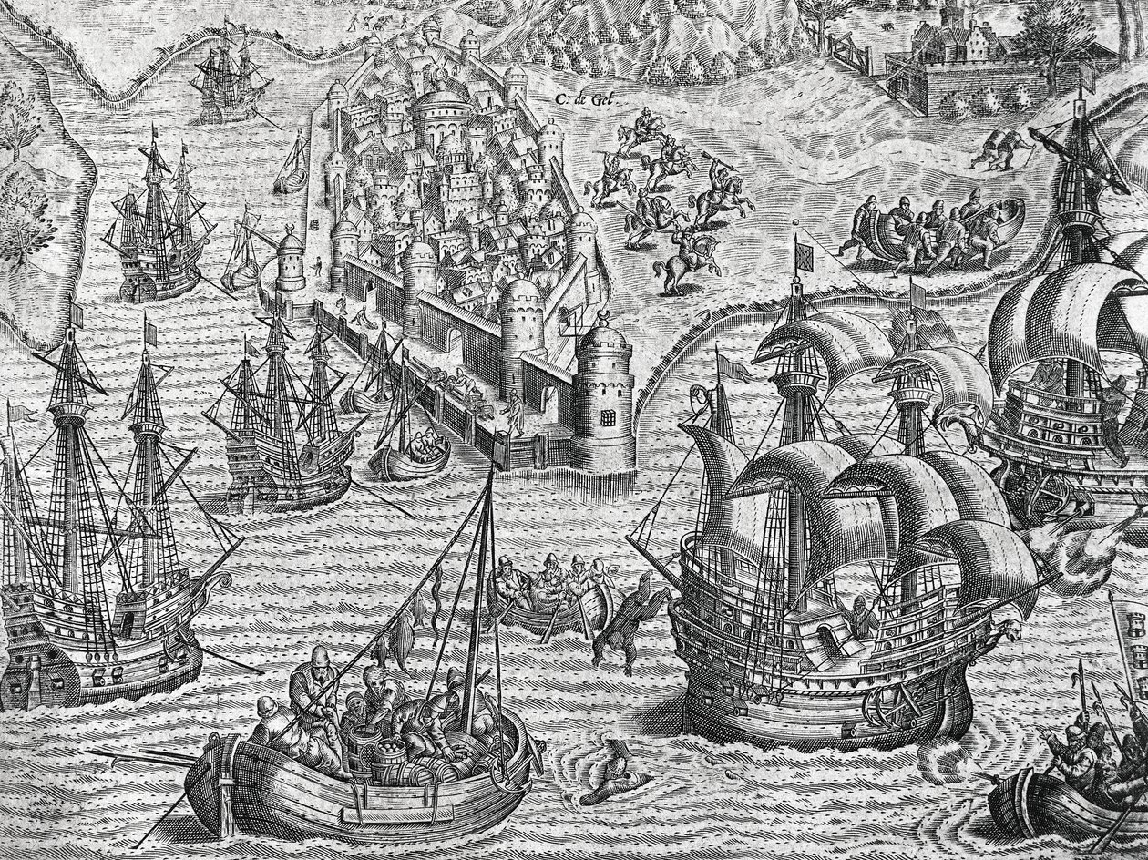 Naval battle, engraving from American History by Theodore de Bry