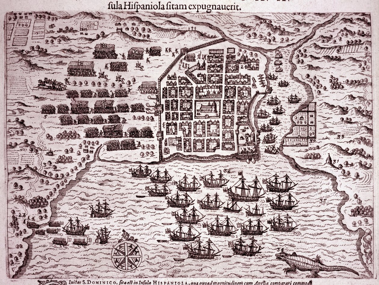 The Francis Drake fleet occupies the island of Santo Domingo (Engraving)