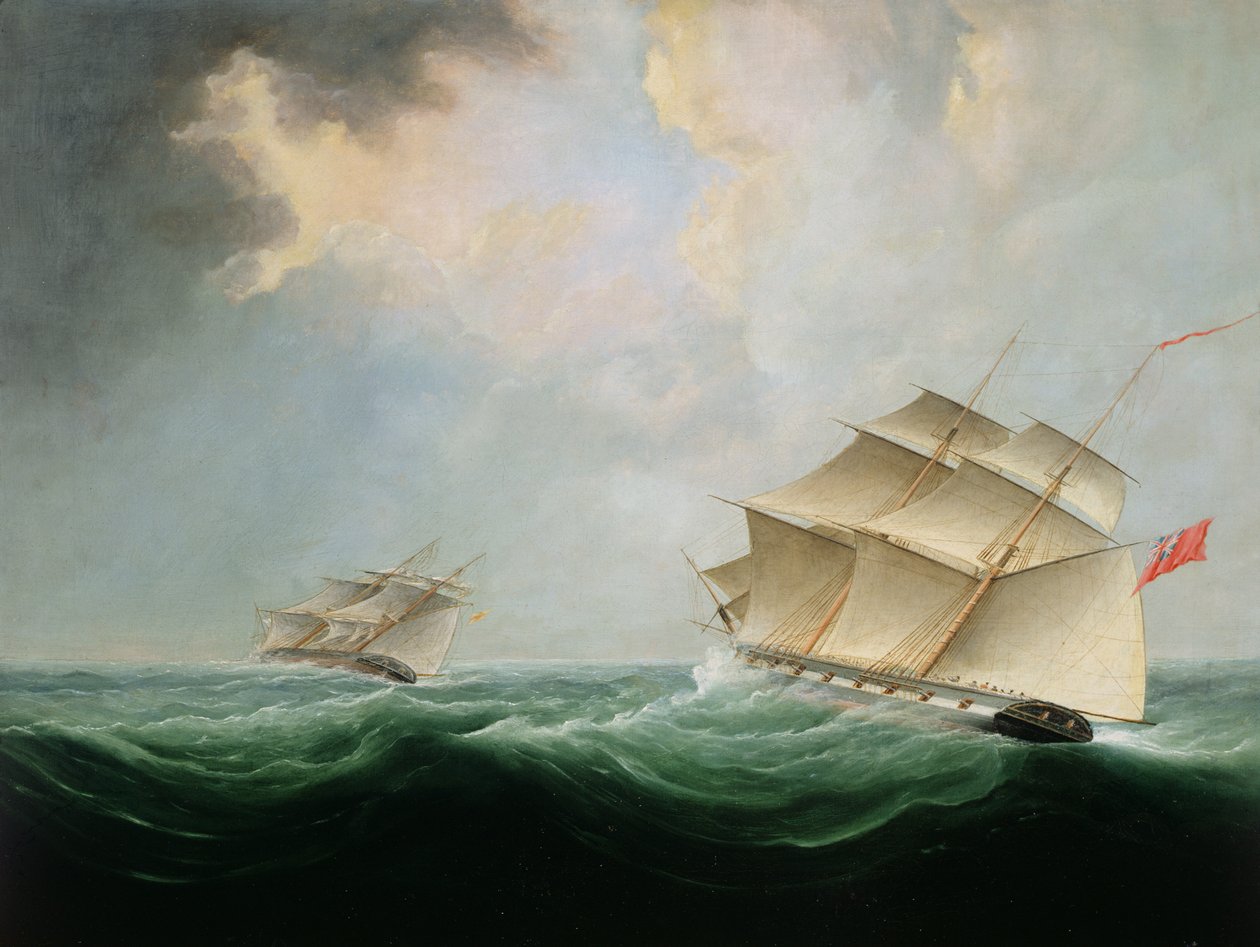 A Naval Brig Pursuing another Brig by Thomas Buttersworth